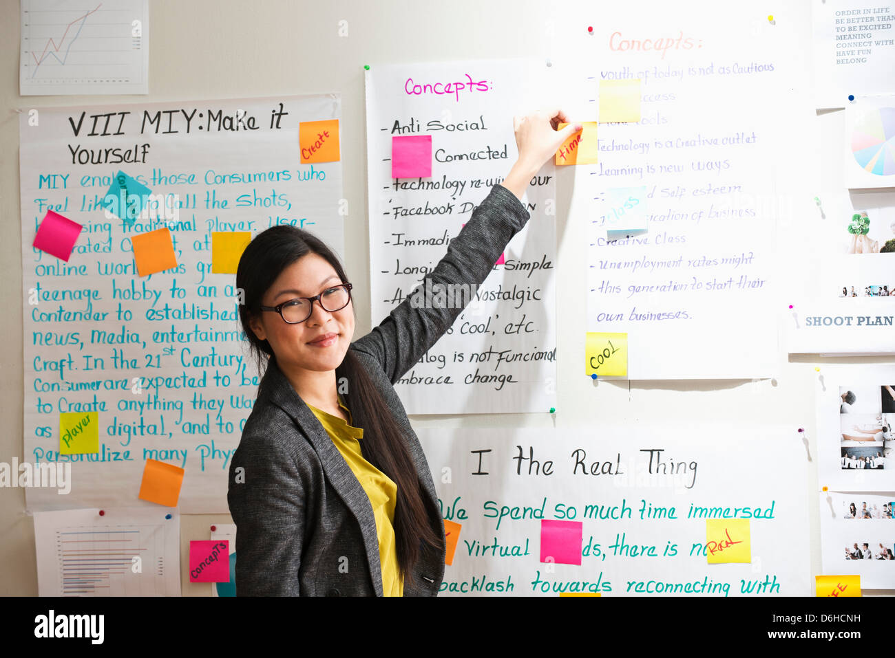 Woman with adhesive notes and papers on wall Stock Photo - Alamy