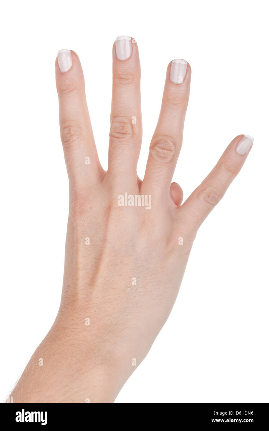 Woman hand shows four finger, closeup on white background Stock Photo ...