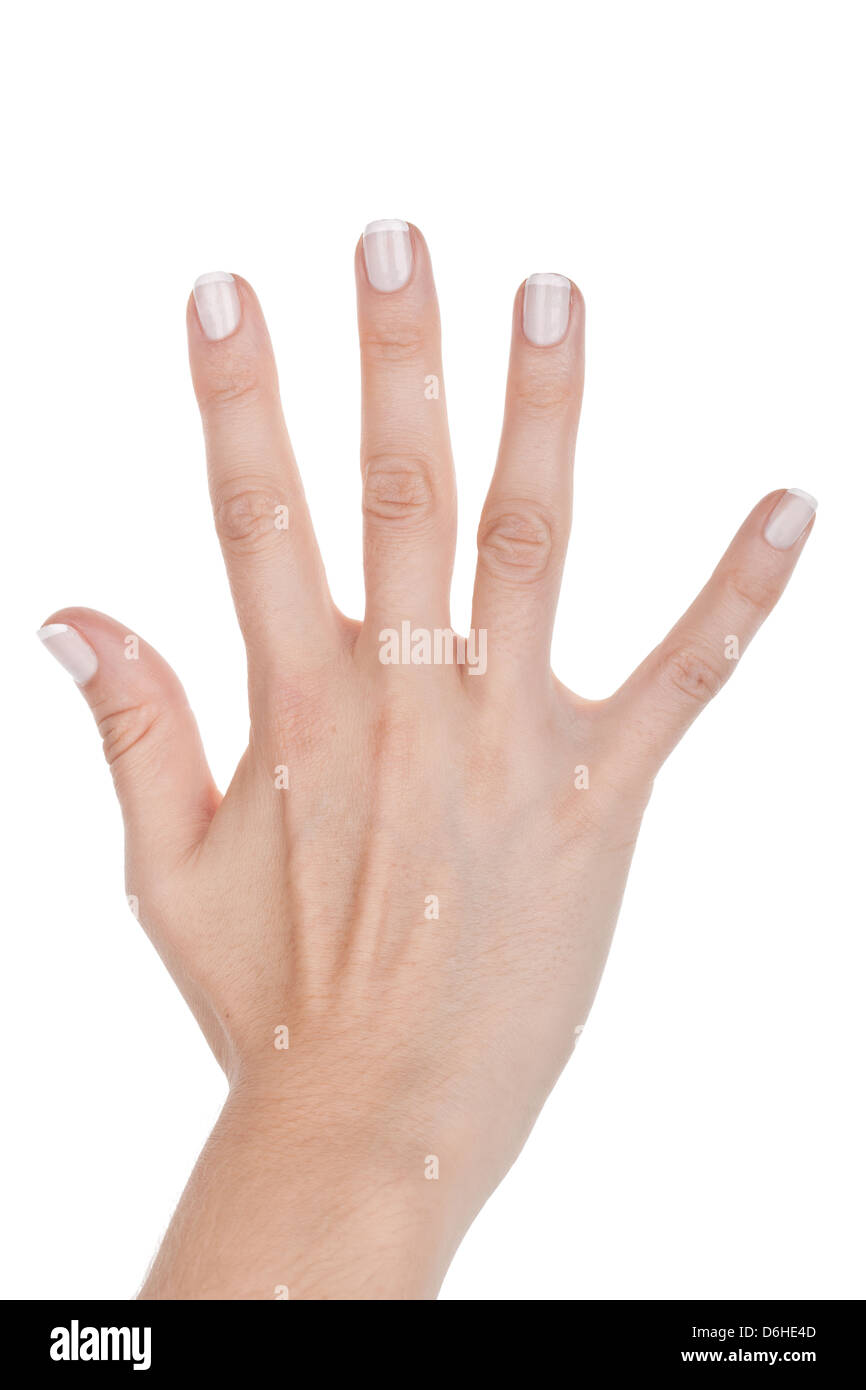 Woman hand shows five fingers, closeup on white background Stock Photo ...
