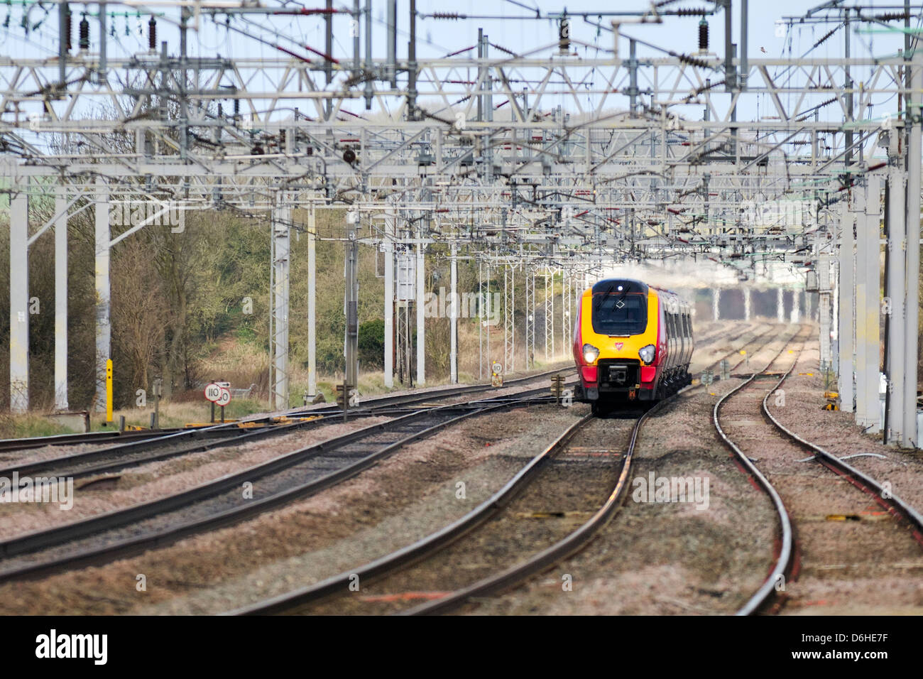 Virgin Voyager express passenger train approaching Rugeley Trent Valley ...