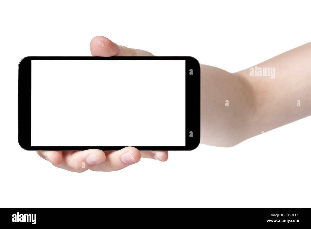 female teen hand showing generic touch device, isolated in white with ...