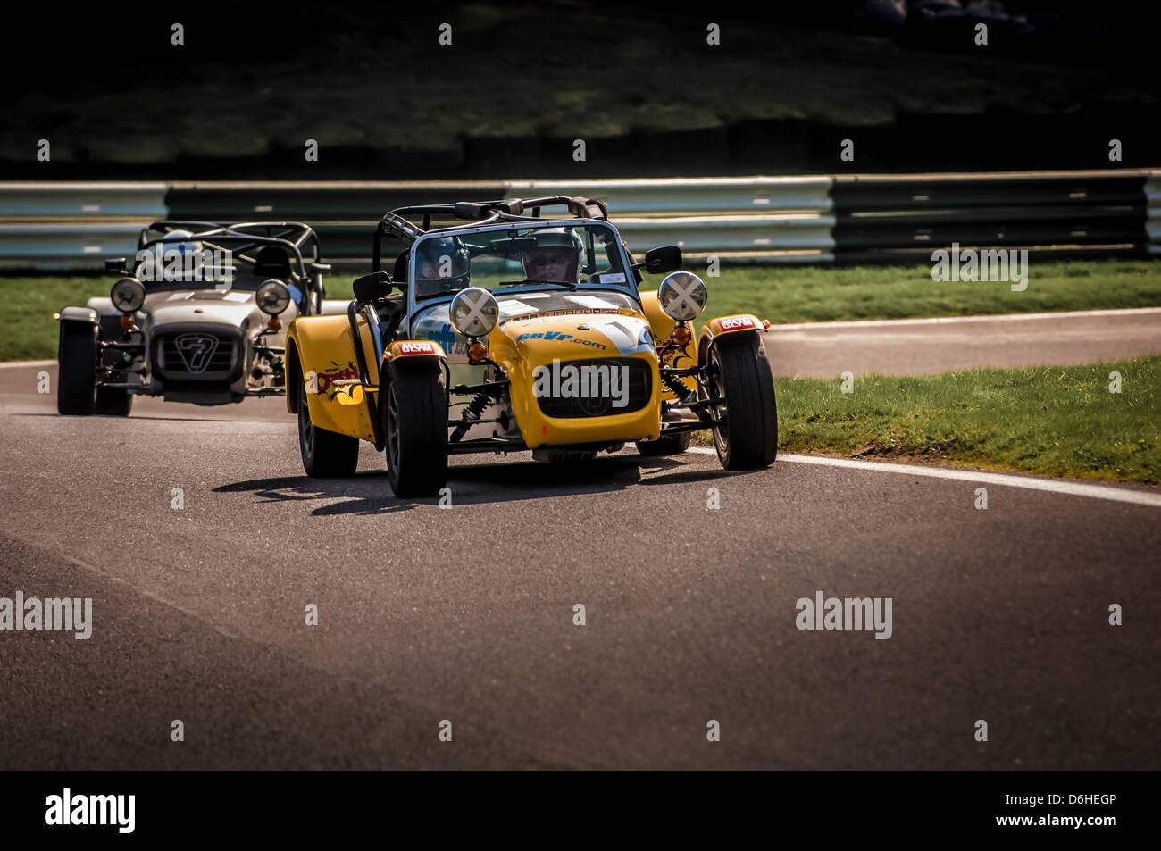2 Caterham Seven sports cars racing at Cadwell park race track Stock ...