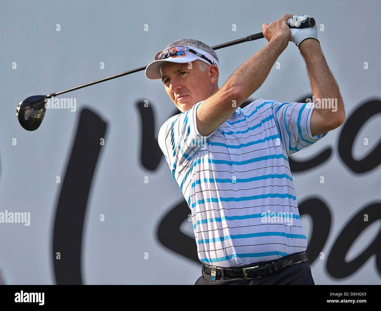 Valencia, Spain. 18th April, 2013. Philip Price tees off hole 5 during ...