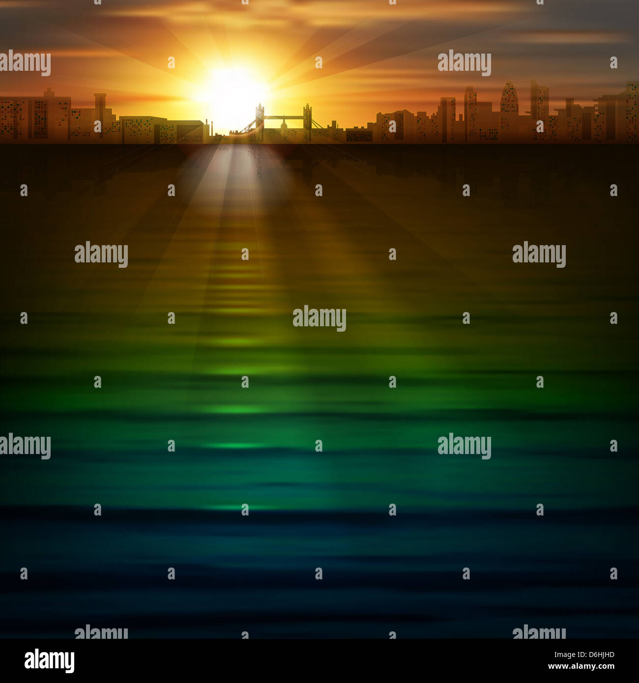 abstract background with silhouette of London and sunrise Stock Photo ...