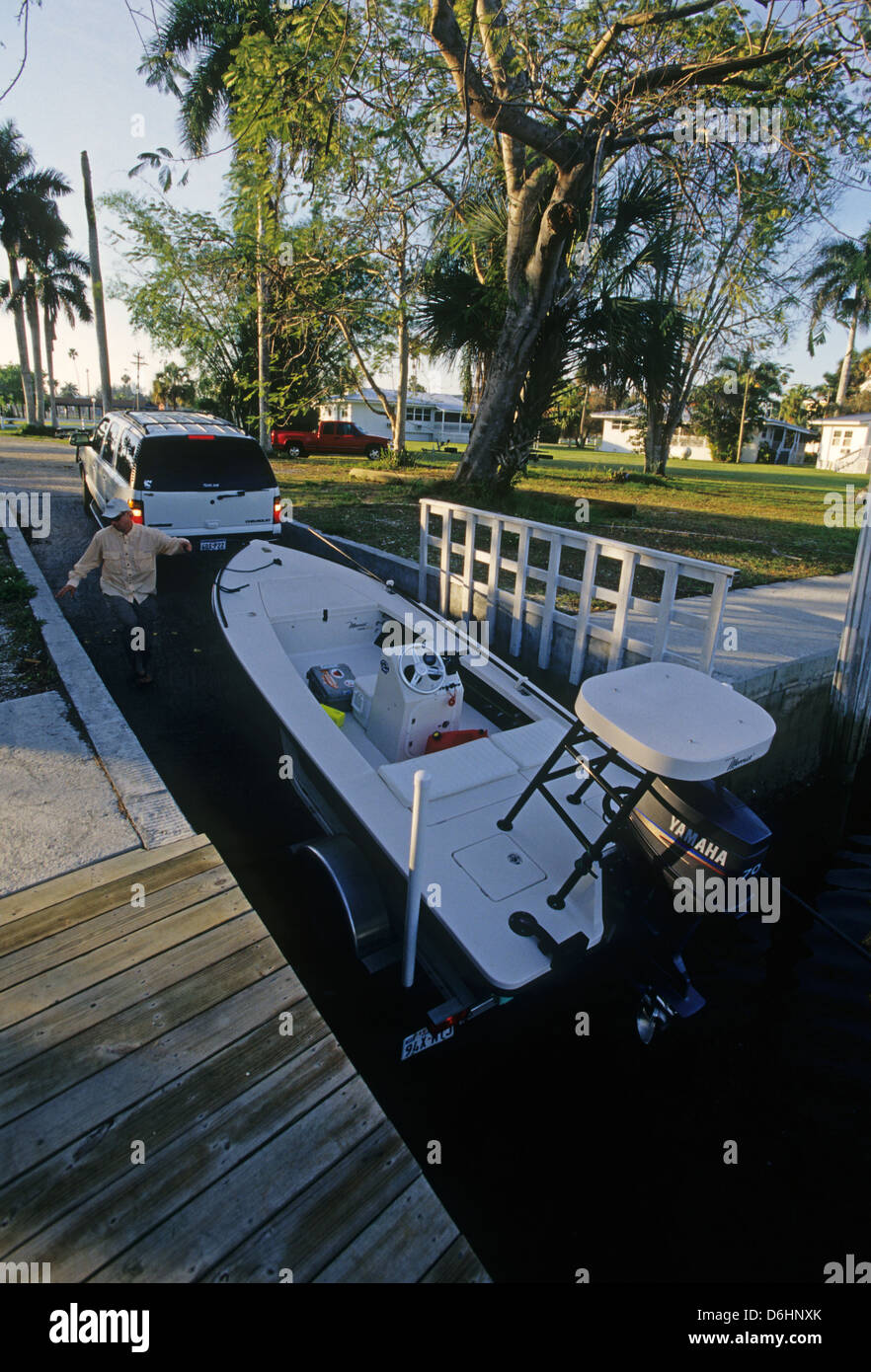 Fly fisherman launching his skiff at the Rod & Gun Lodges in Everglades ...