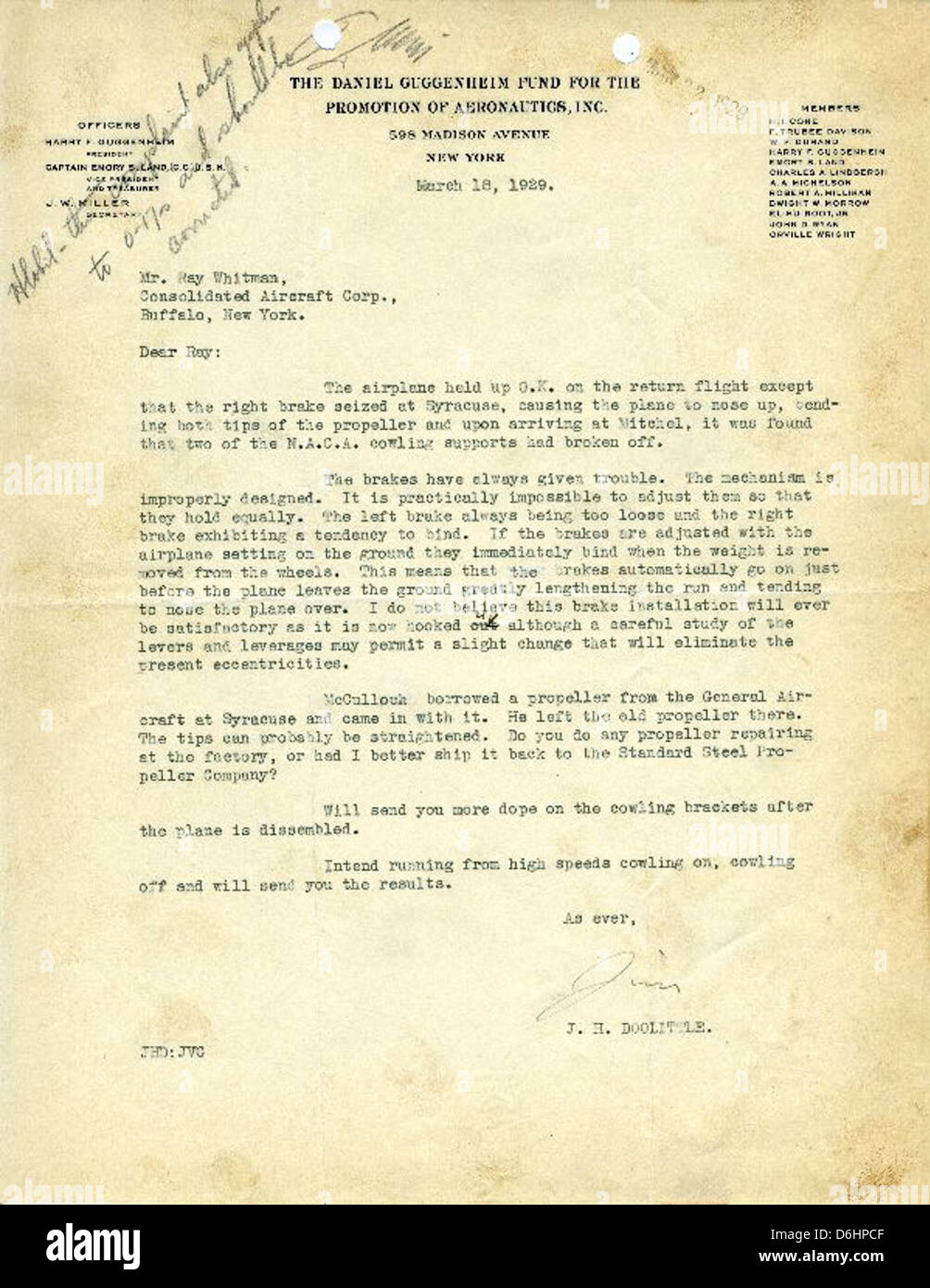 This image features an autograph from Jimmy Doolittle, a renowned pilot ...