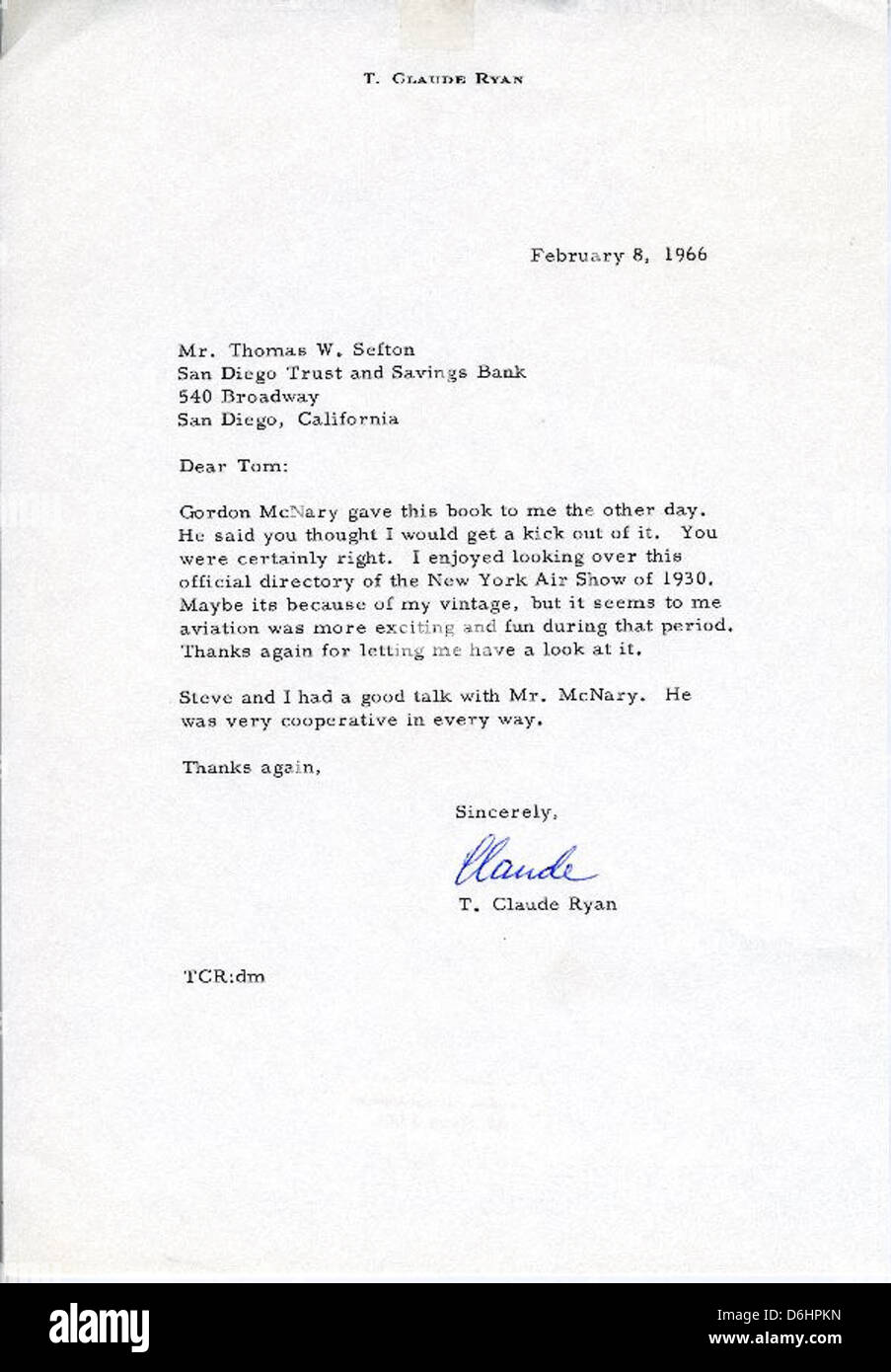 This image features the autograph of T. Claude Ryan, an important ...