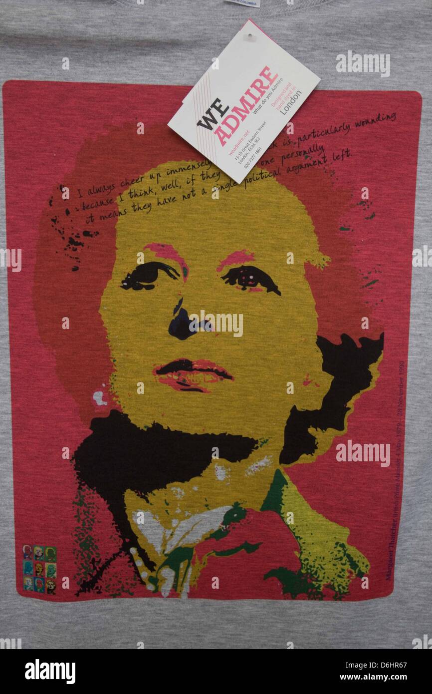 A shop displaying Margaret Thatcher's T shirts in London April 16th in ...
