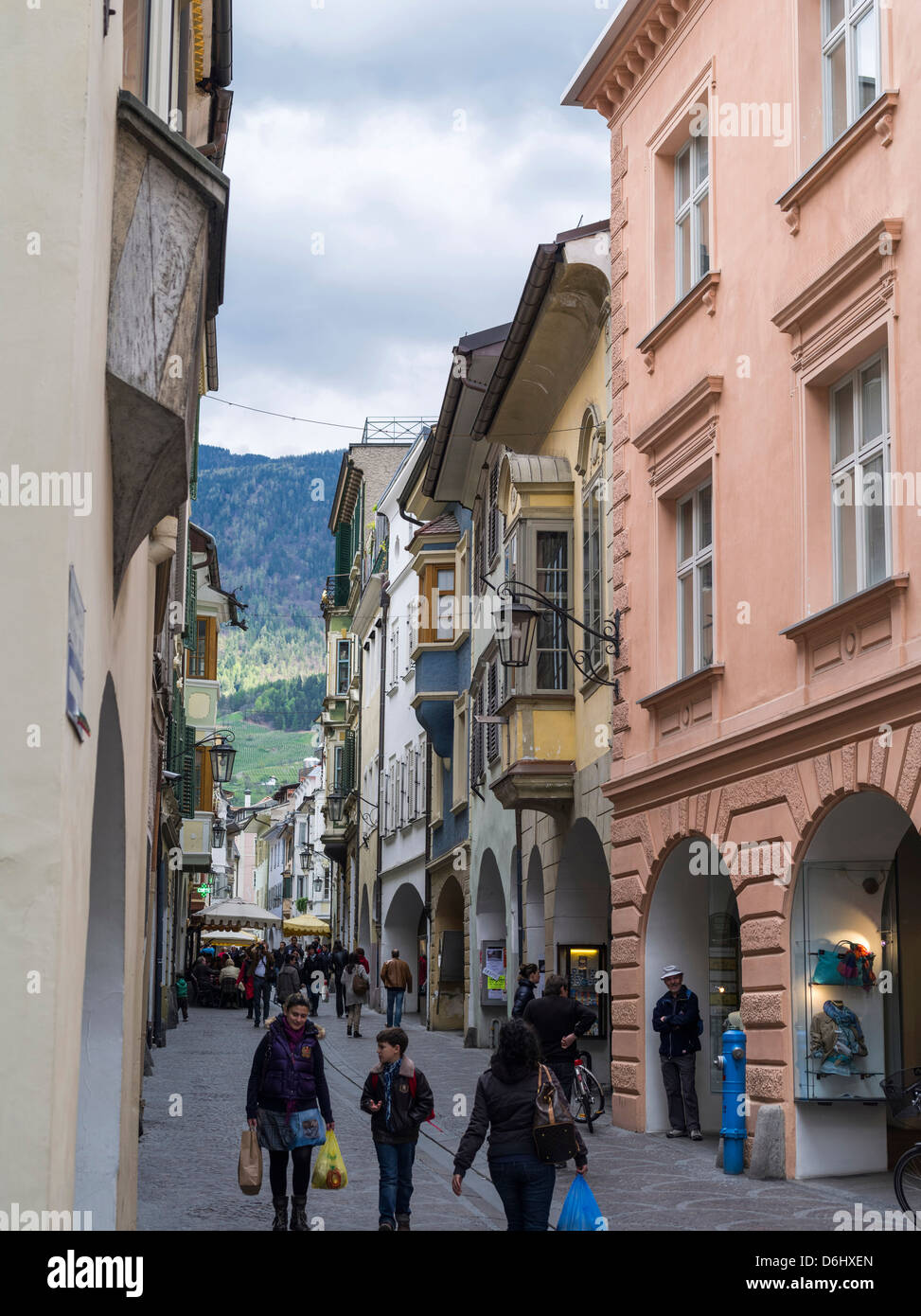 City of Meran (Merano) with the old town with pedestrians. South Tyrol ...