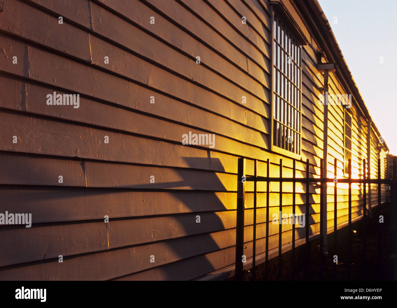 Wooden buildings in sunset light, Historic Dockyard, Chatham, Kent, UK ...