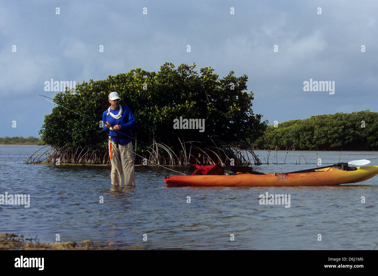A fly fisherman fighting a bonefish (Albula vulpes) in Ascension Bay ...