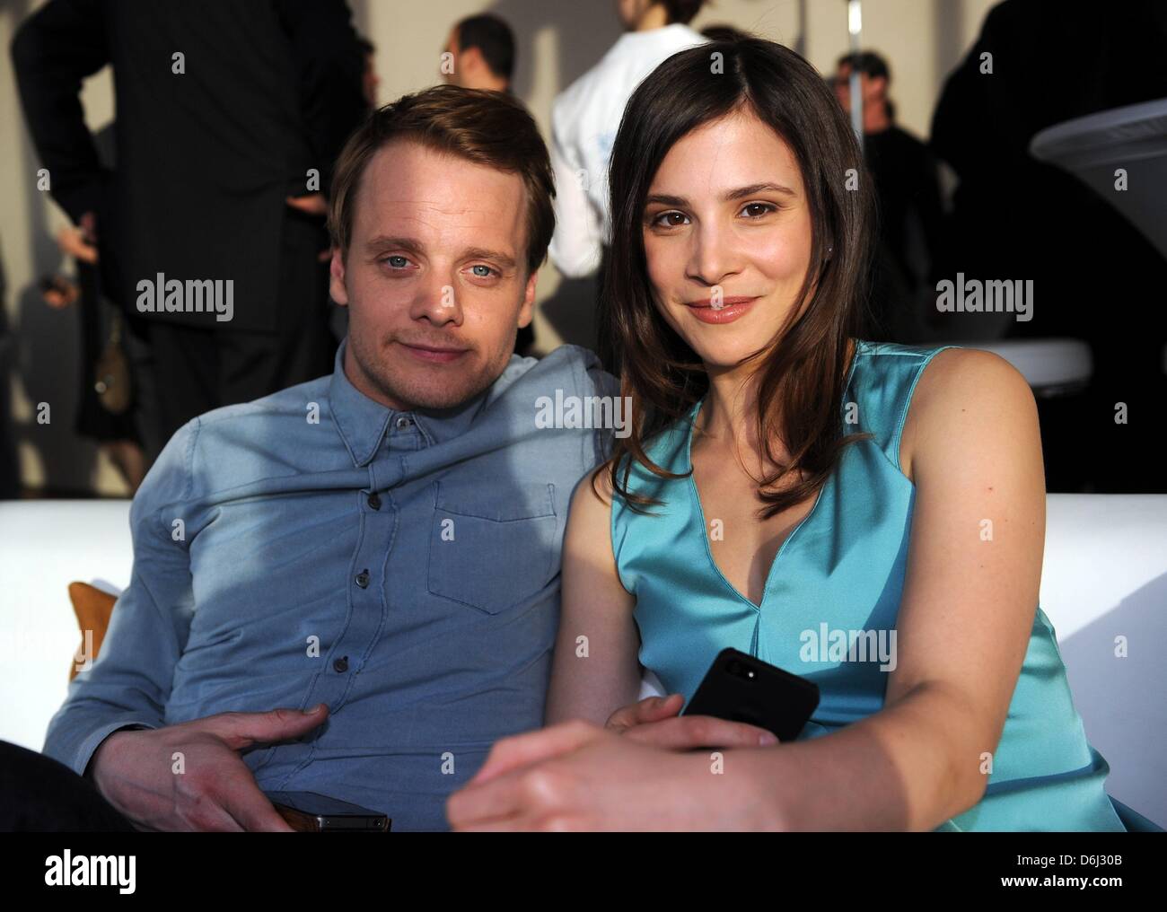 Actors Stefan Konarske (L) and Aylin Tezel pose for the camera at the 'WDR-Treff' meeting in ...