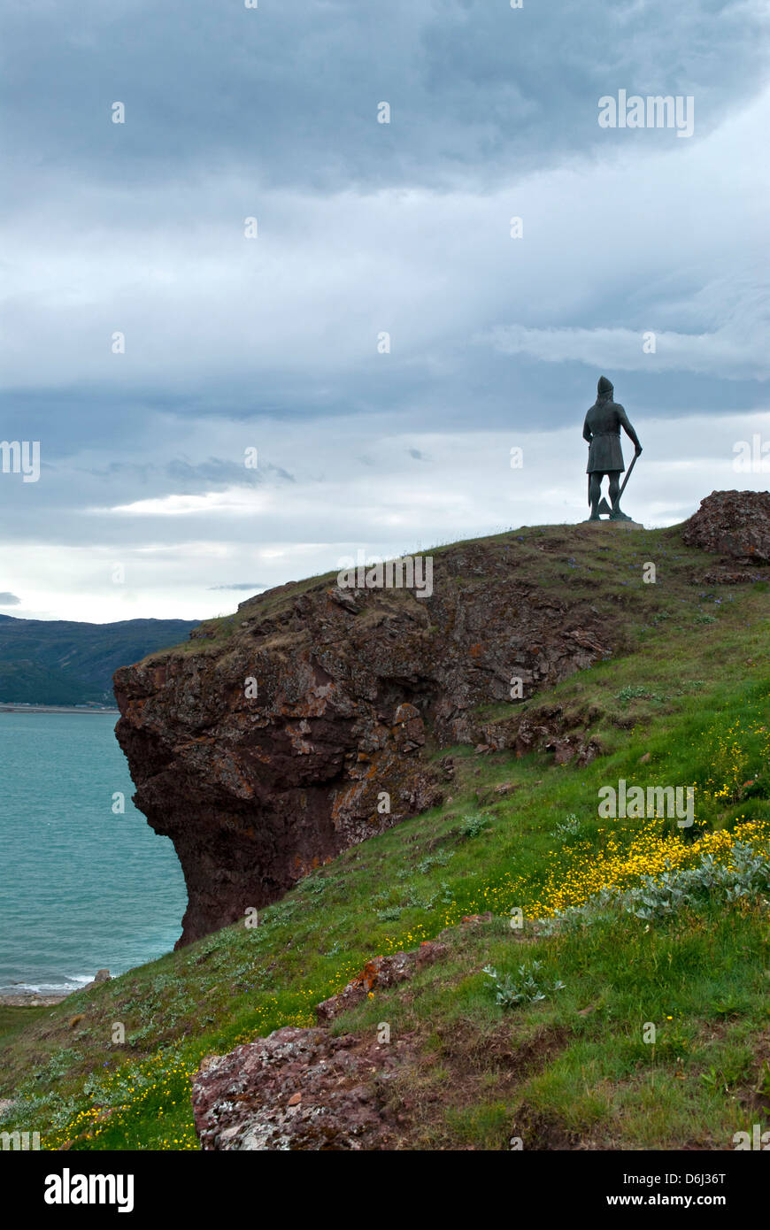 Greenland, Erik's Fjord. The hilltop statue of famous Norse explorer ...