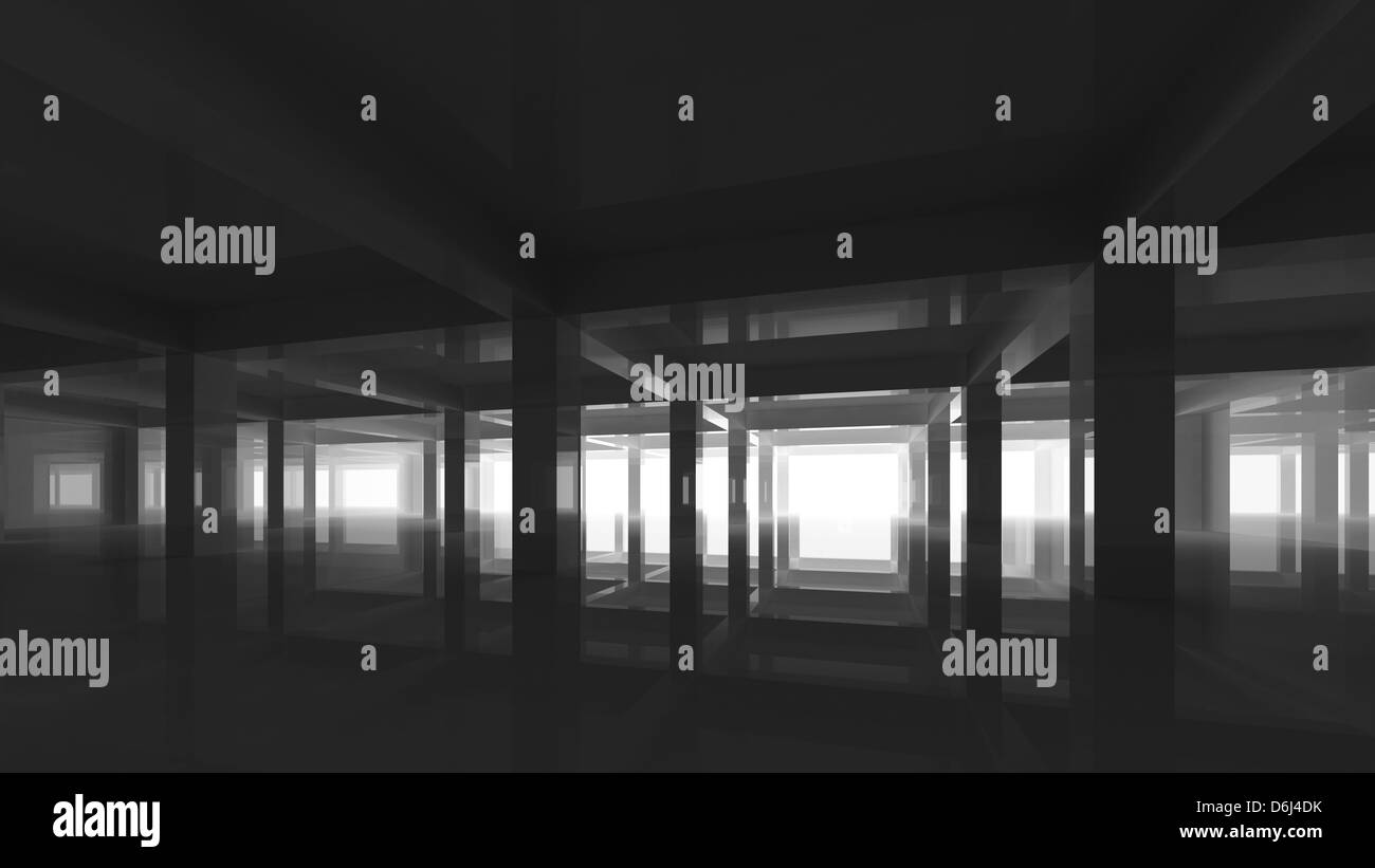 Abstract black modern interior with columns and light in the end Stock ...