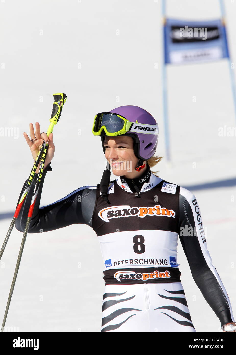 German skier Maria Hoefl-Riesch waves to the audiance after the first ...