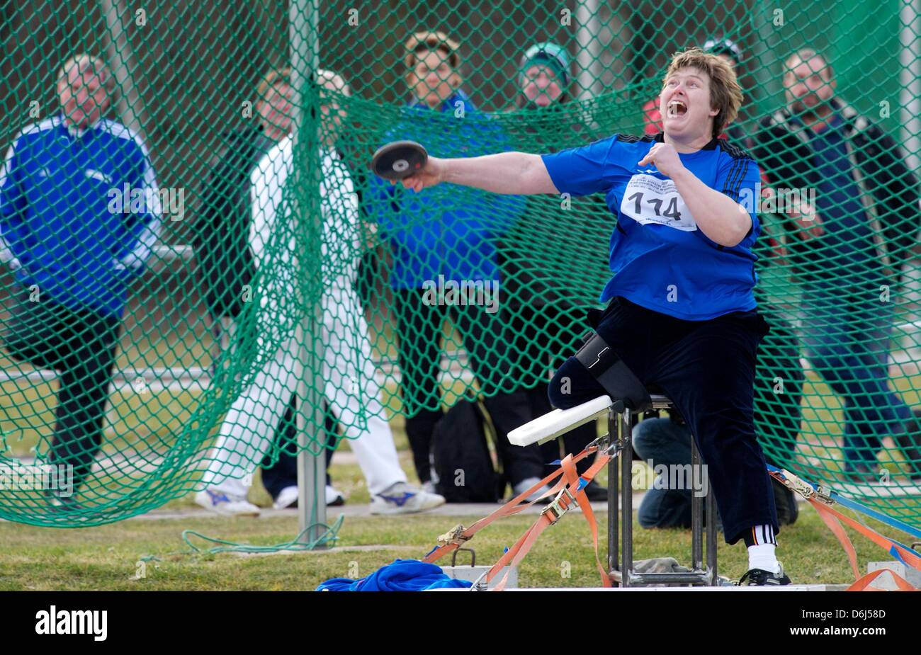 German discus thrower Ilke Wyludda throws the discus at the Brandberge ...