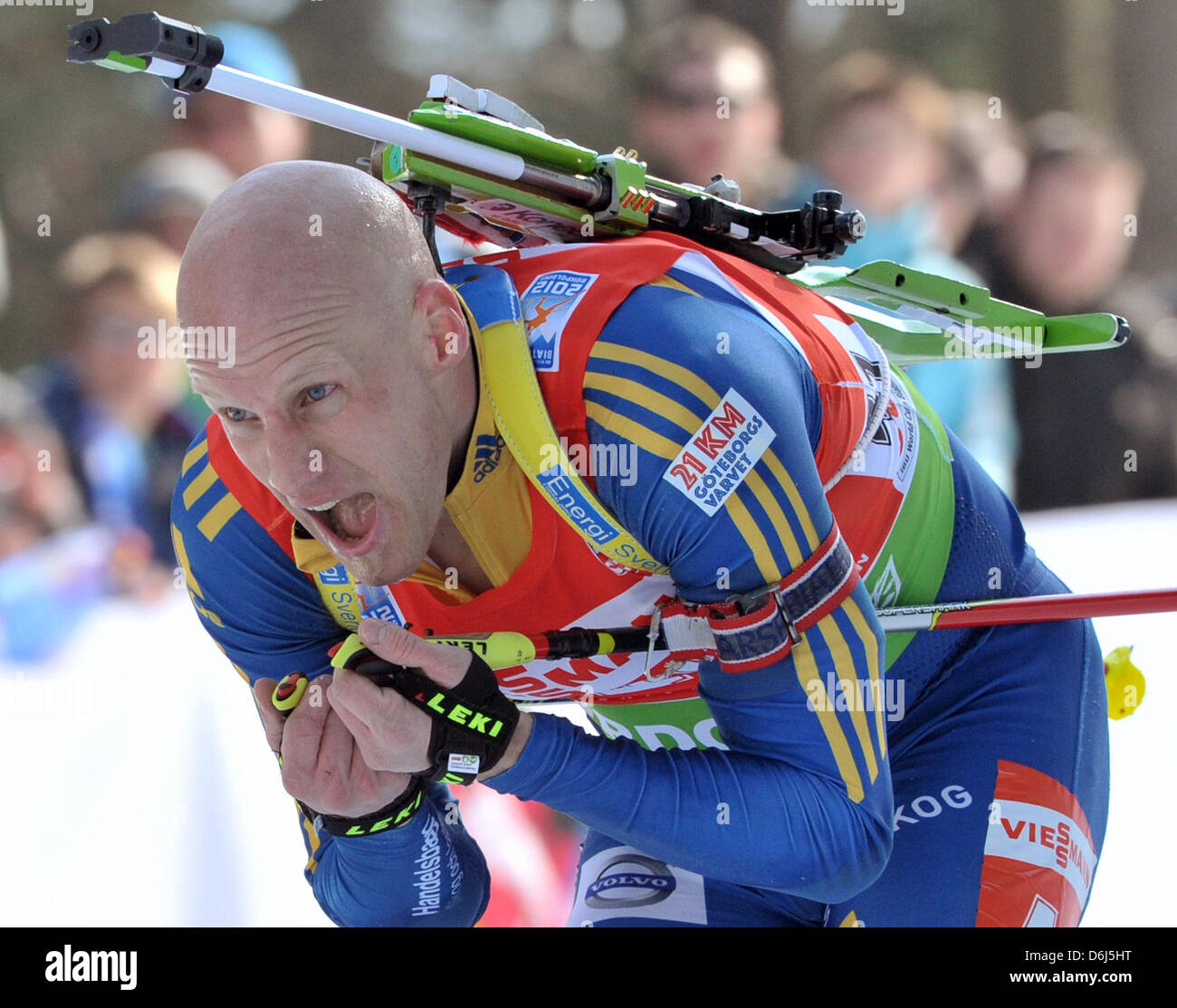 Swedish biathlete Carl Johan Bergman is on his way to the finish line ...