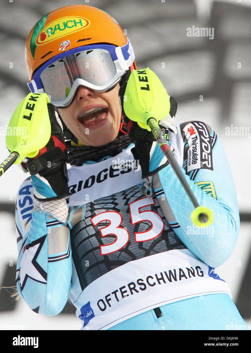 US skier Resi Stiegler celebrates after the first run of the women's ...