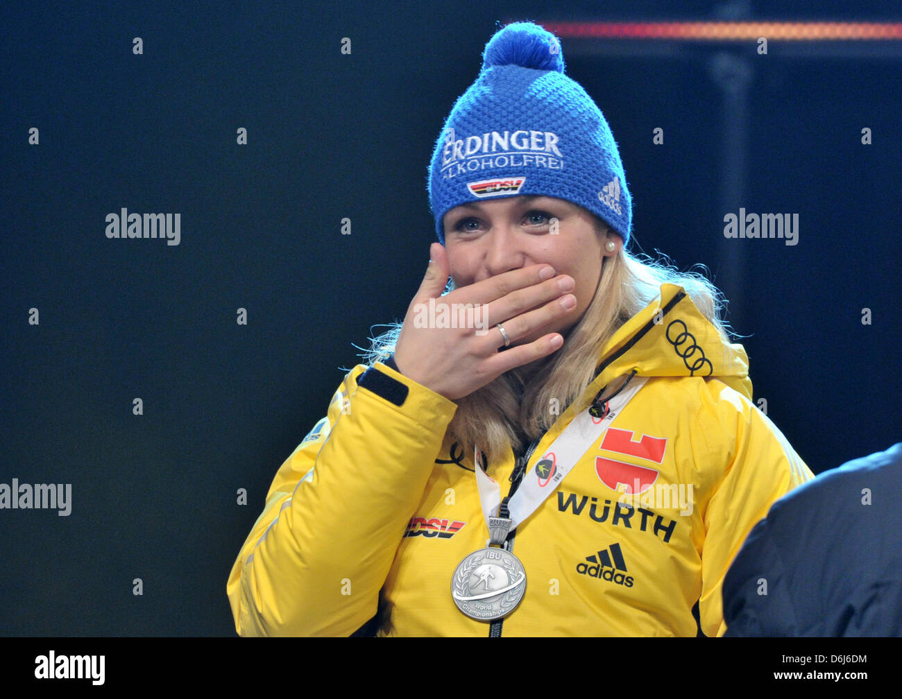 German biathlete Magdalena Neuner during the presentation ceremony ...