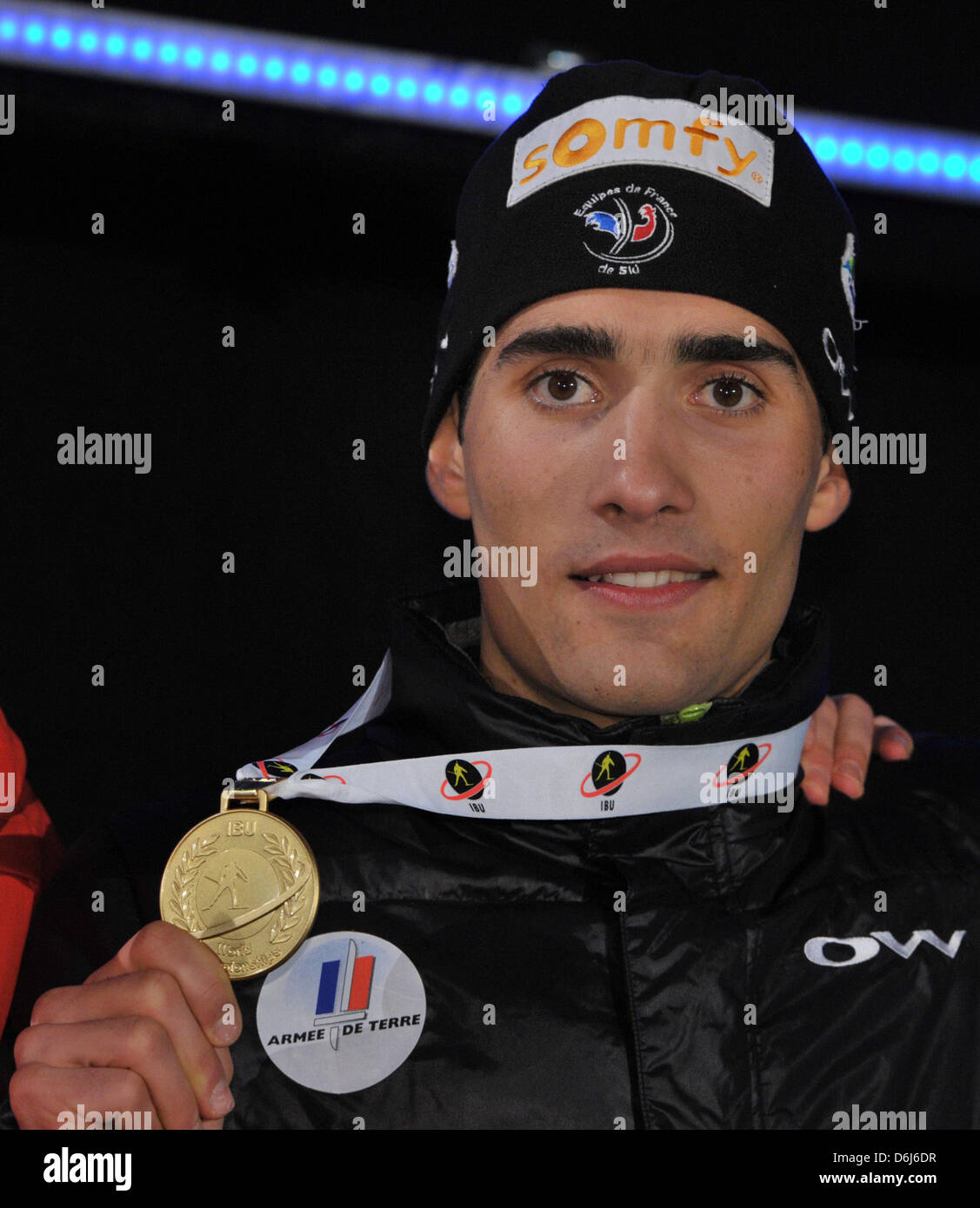 French biathlete Martin Fourcade poses during the presentation ceremony ...