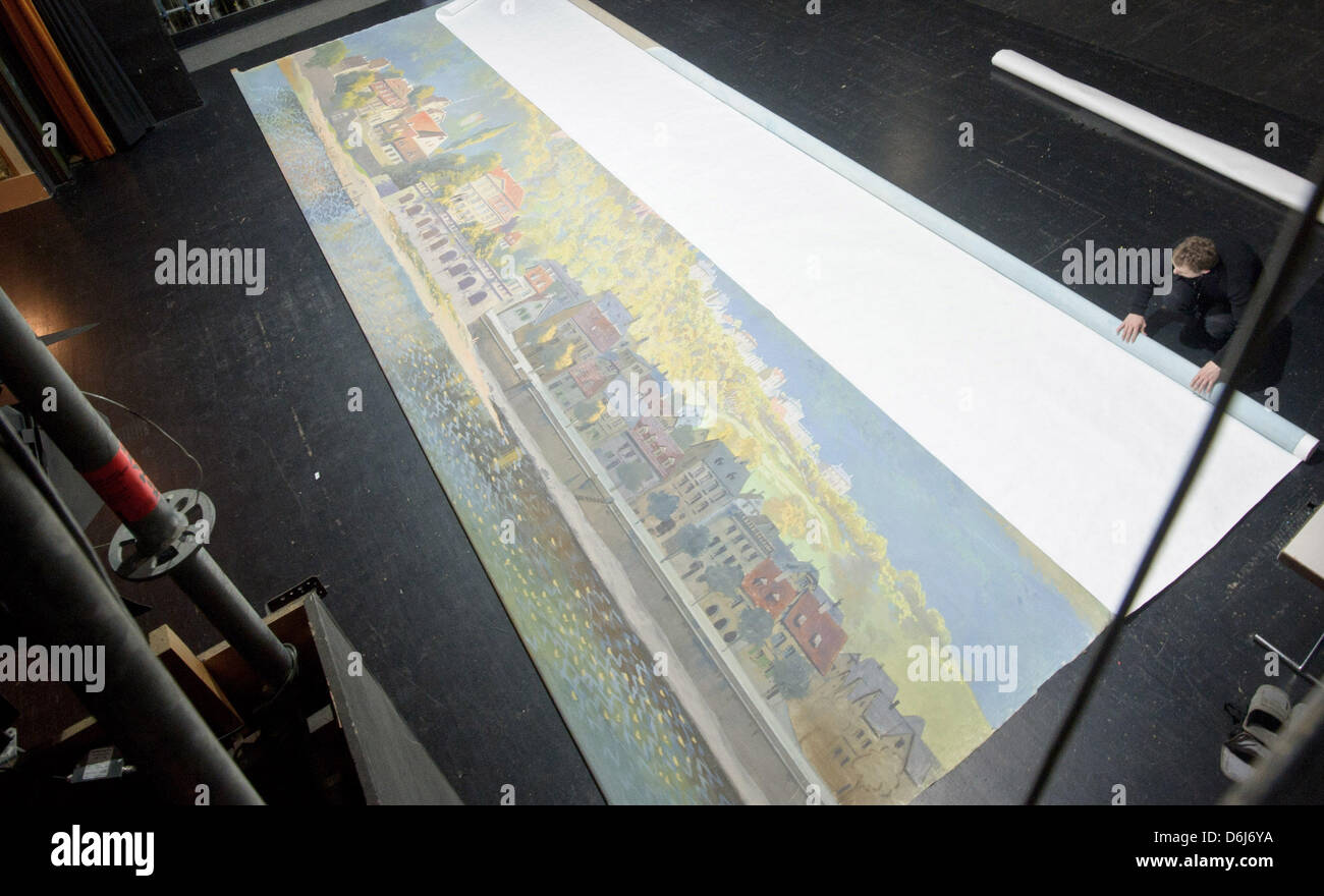 Restorators work on a historical decor at Konzerthaus in Ravensburg ...