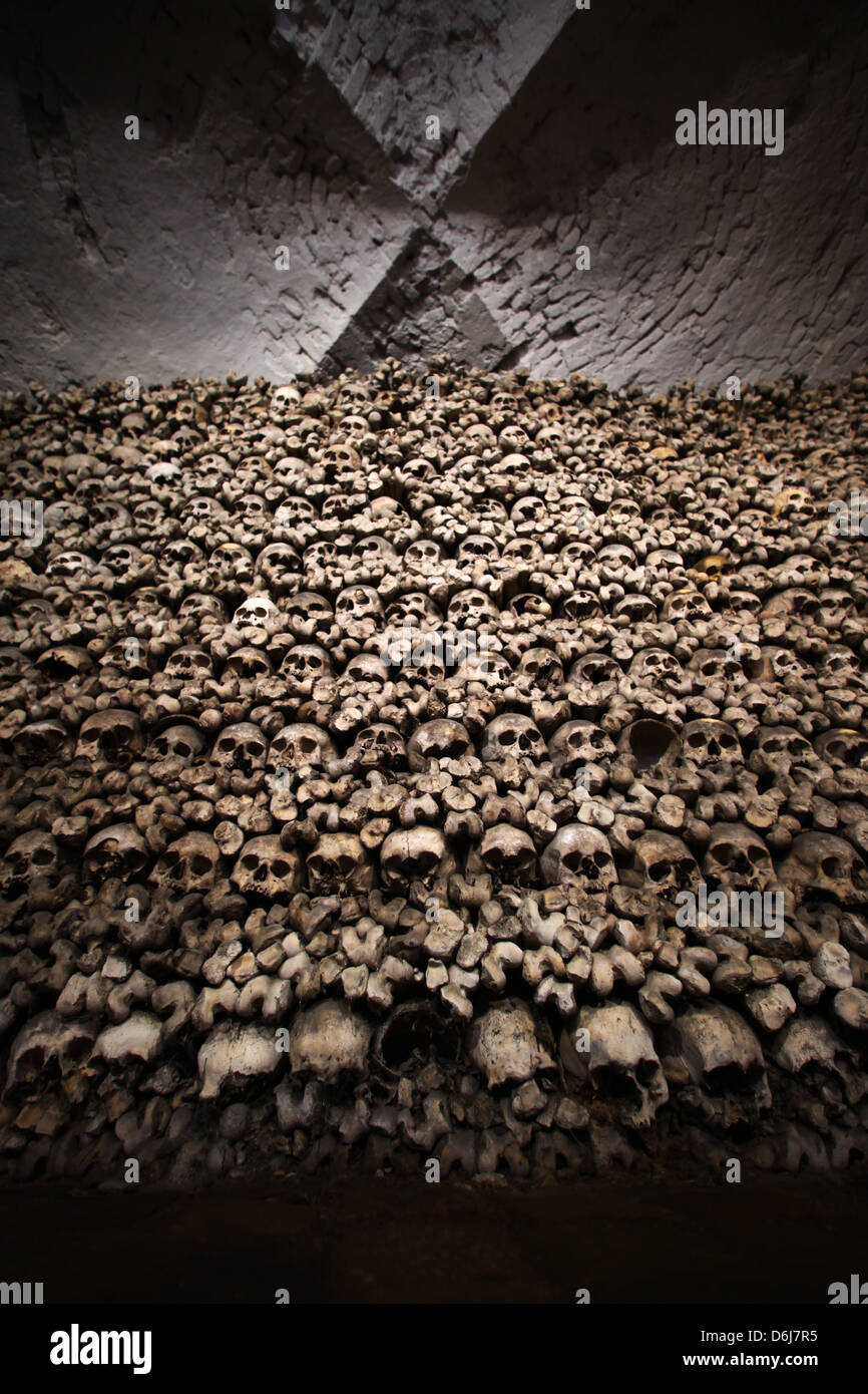 Bones and skulls are stacked on each other in the ossuary in Oppenheim ...