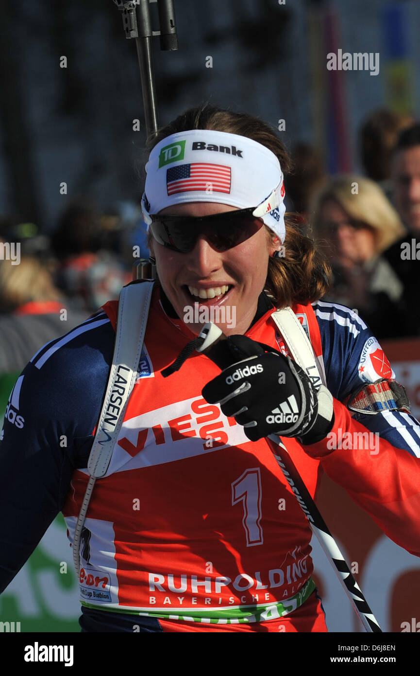 American biathlete Susan Dunkee celebrates in the finish area of the ...