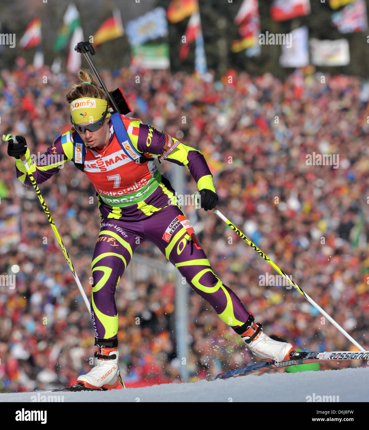 French biathlete Marie Dorin Habert crosses the finish line in fourth ...