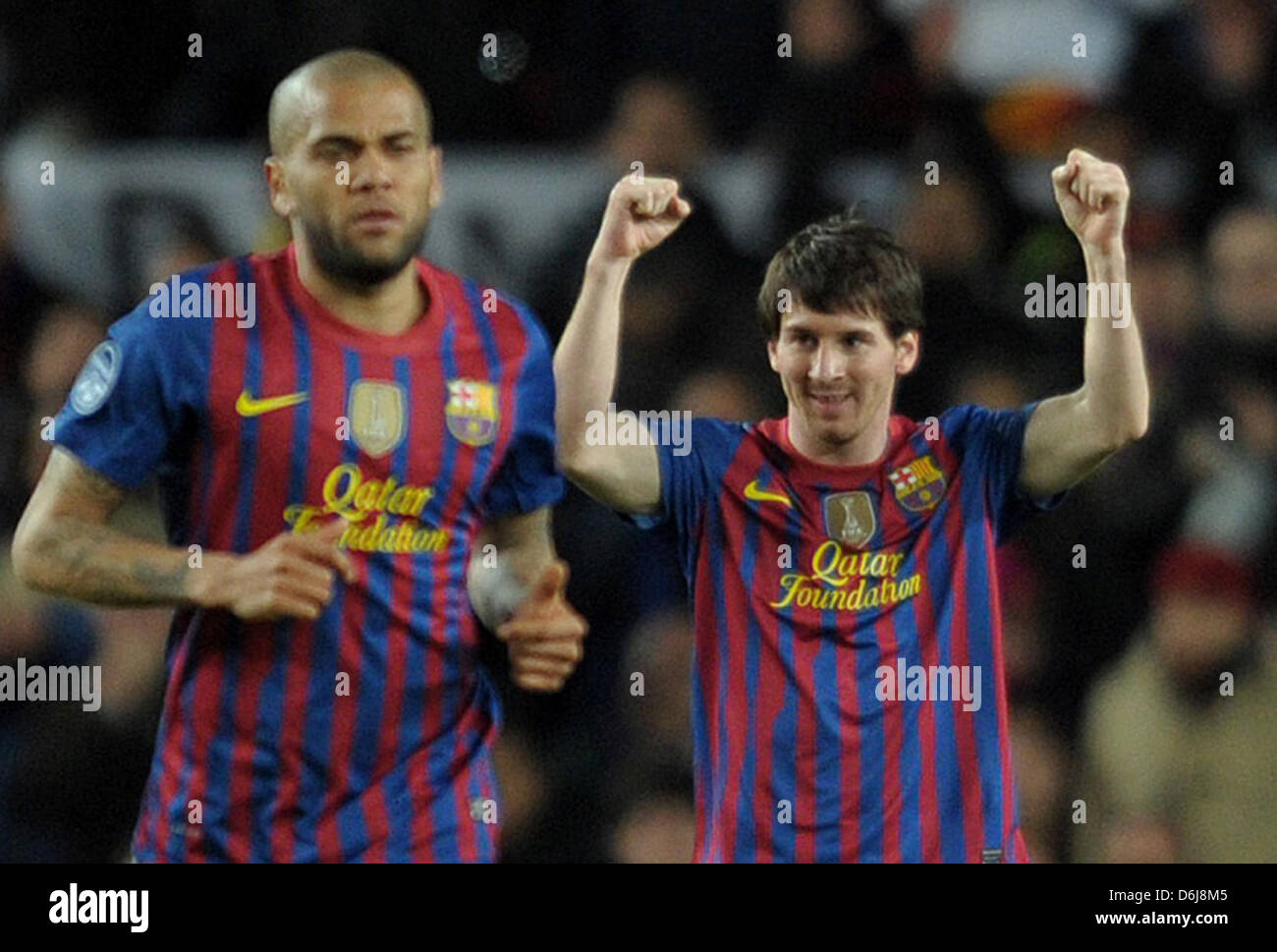 Barcelona's Lionel Messi (R) celebrates after scoring the 2-0 during ...