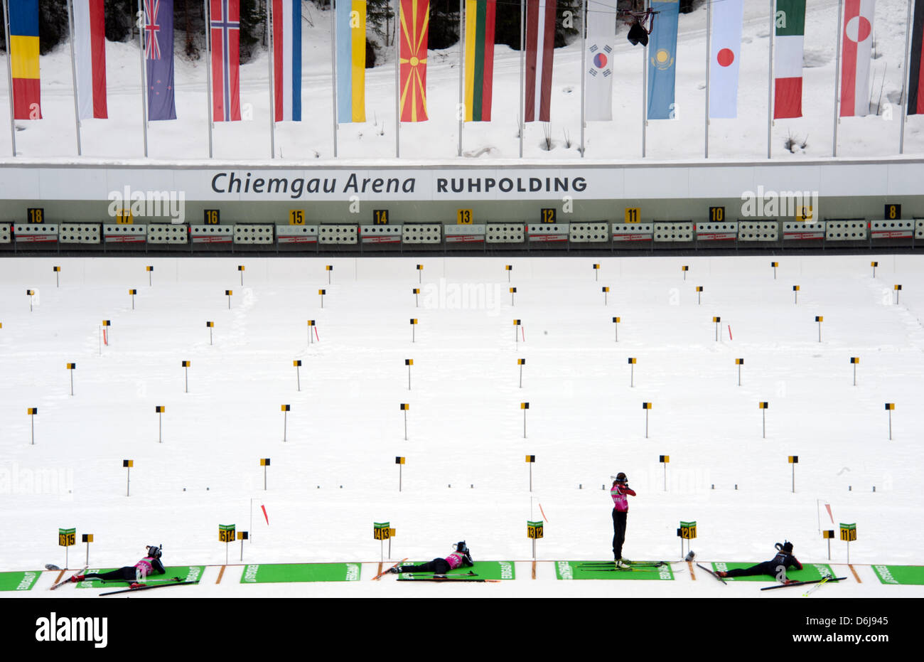 Several biathletes are pictured at the shooting range during the women ...