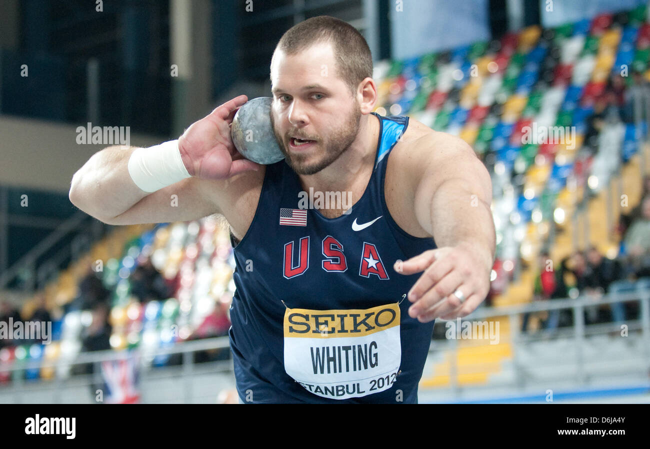 Ryan Whiting of the USA competes in the Men's shot put final at the ...