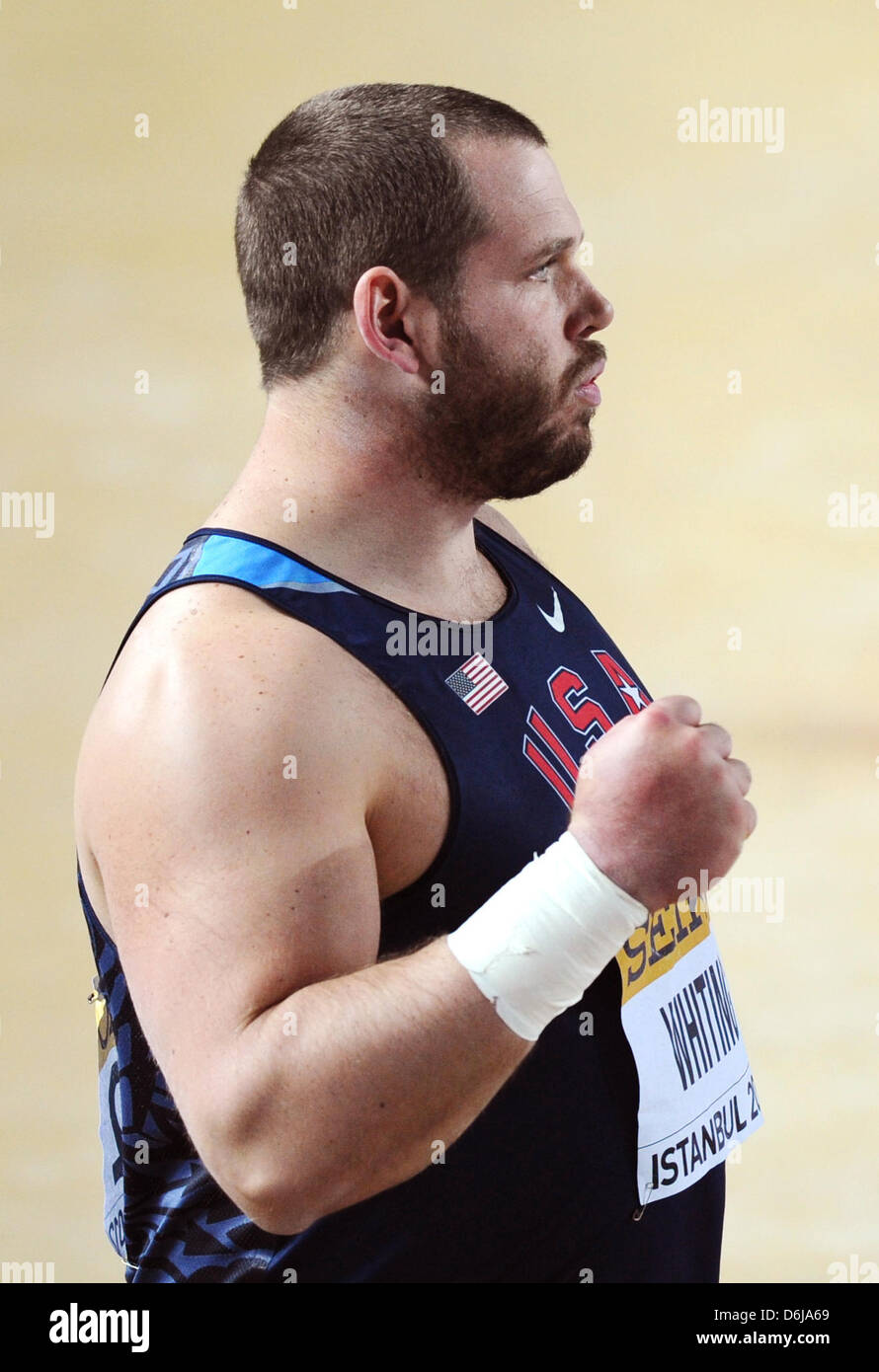 Ryan Whiting of the U.S. celebrates after his final attempt in the Men ...