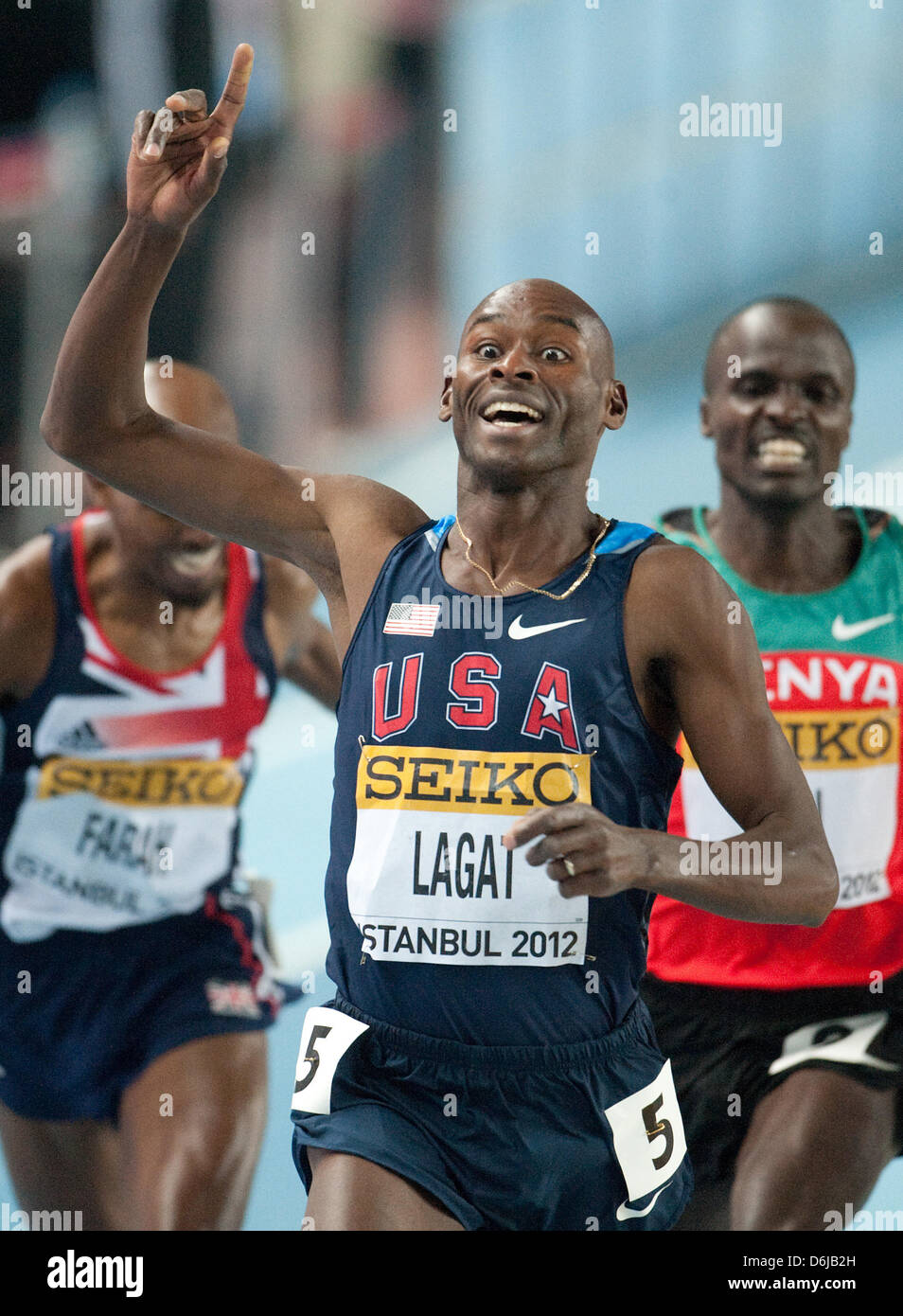 Bernard Lagat of the USA celebrates winning the Men's 3000 metres Final ...