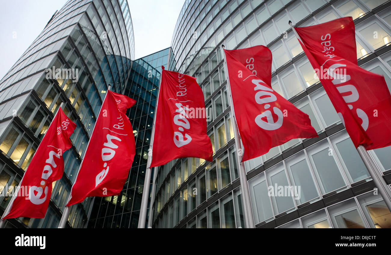 Flags wave in front of the headquarters of energy giant Eon in Essen ...