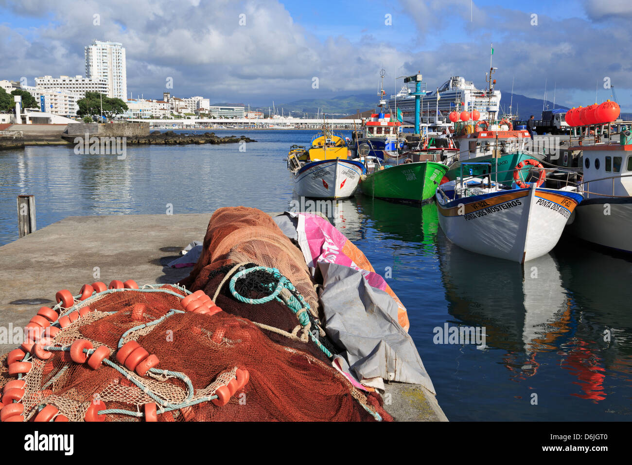 Fishing boats in harbour, Ponta Delgada Port, Sao Miguel Island, Azores ...