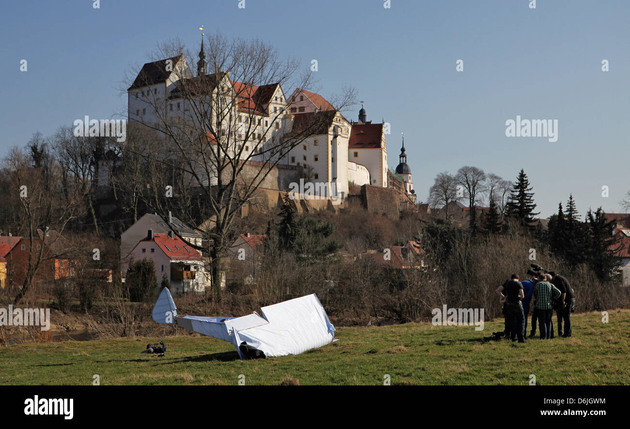 A model of the legendary Colditz glider is pictured after crashing into ...