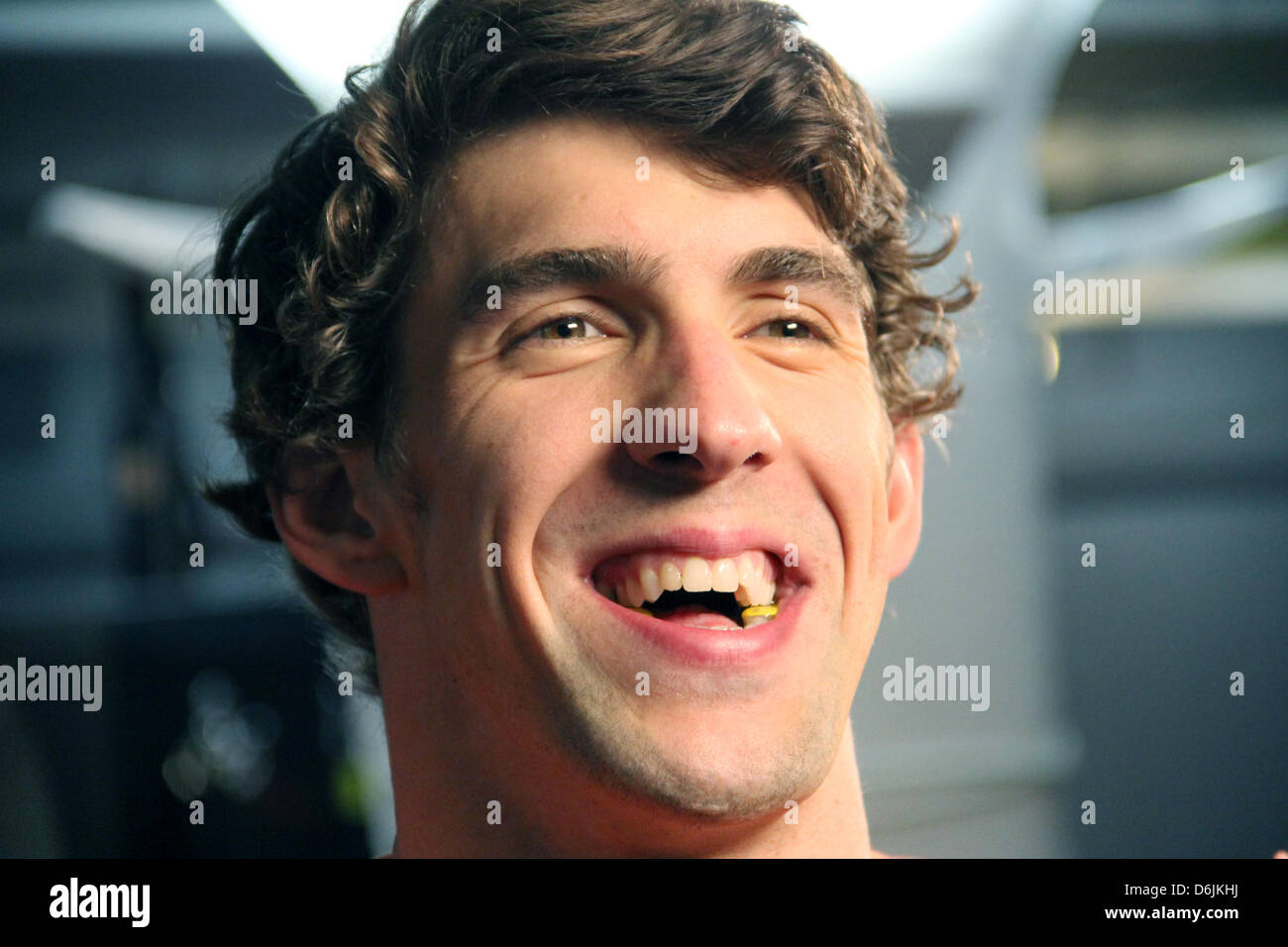 US American swimmer Michael Phelps smiles during a press training in ...