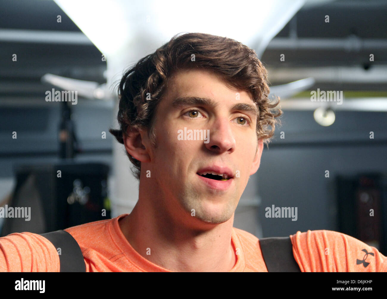 US American swimmer Michael Phelps smiles during a press training in ...