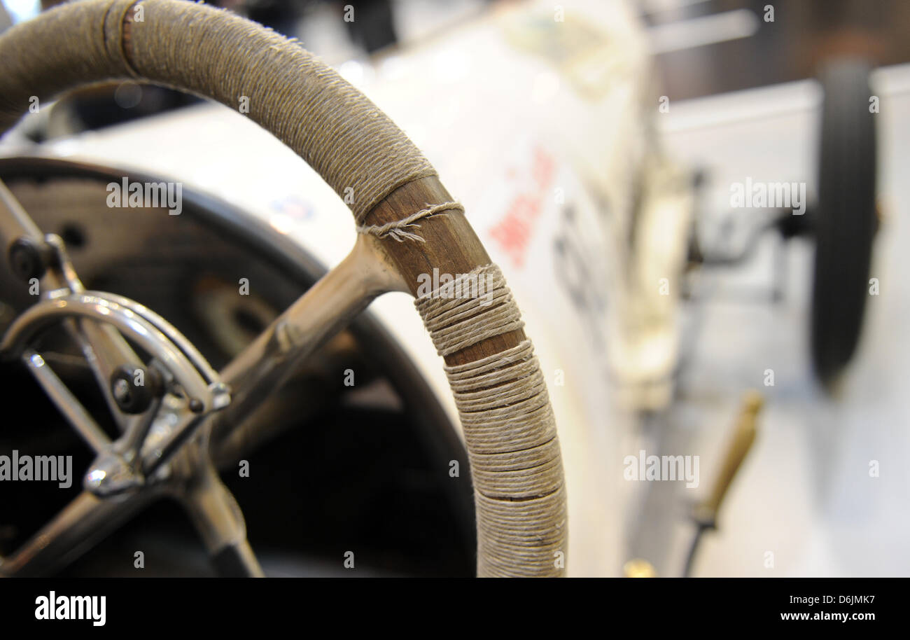 The steering wheel of an old racing car is pictured at the oldtimer ...
