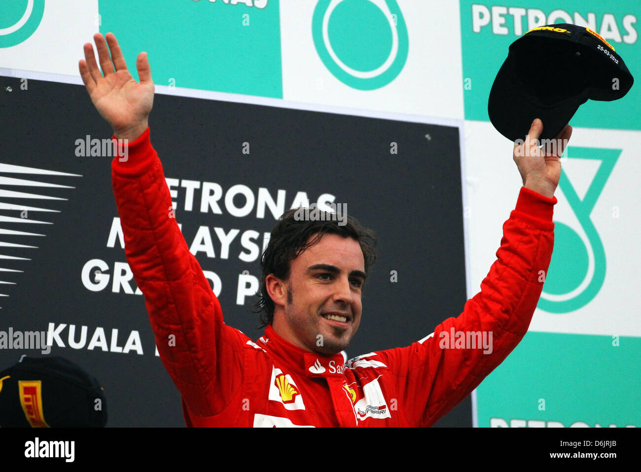 Spanish Formula One driver Fernando Alonso of Ferrari celebrates on the ...