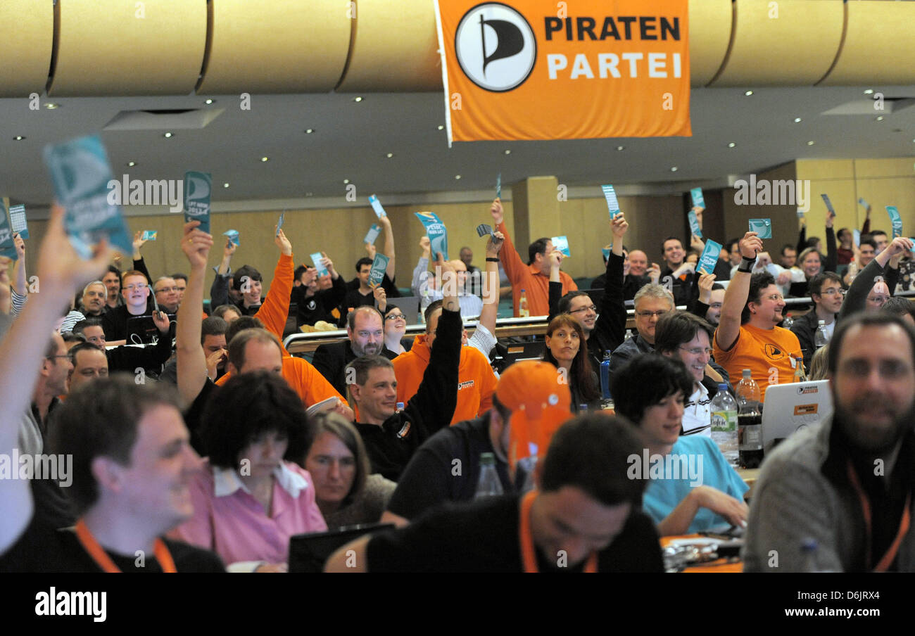 Members of the German party The Pirates vote on a resolution during the ...