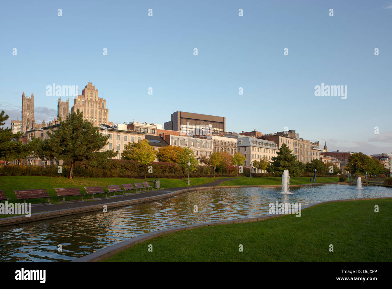 An early morning view of the Montreal skyline from the Parc des Ecluses ...