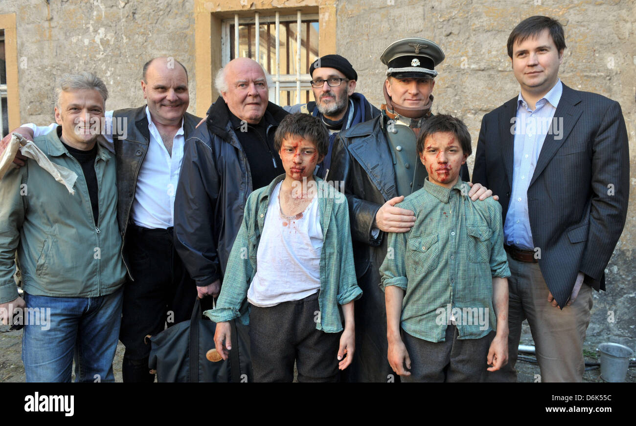 Producer Sandor Soth (back L-R), actor Lajos Kovacs, director of ...