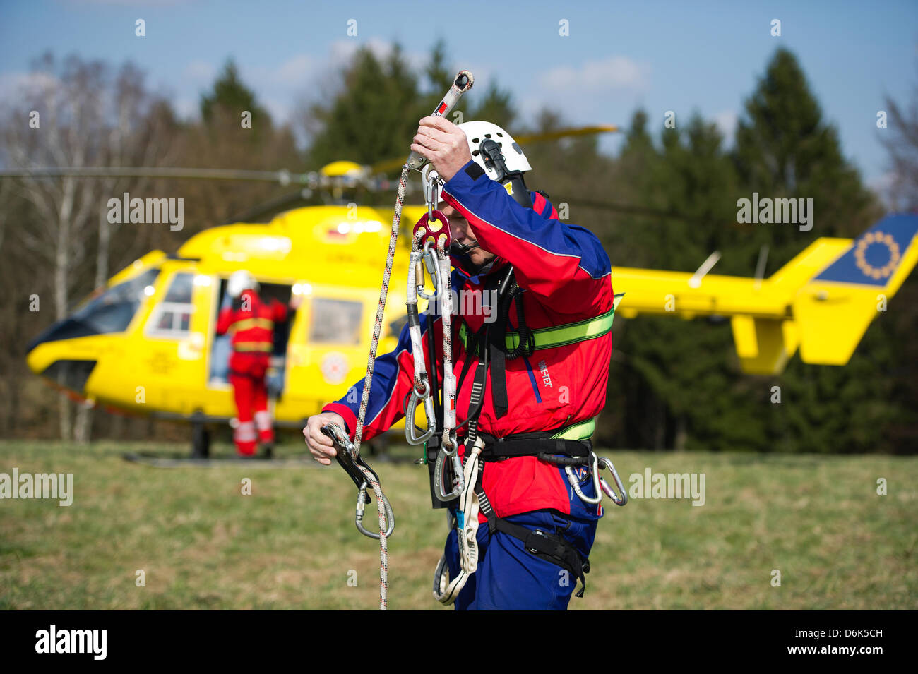 Rescue forces aboard helicopter 'Christoph 62' during a joint mountain ...