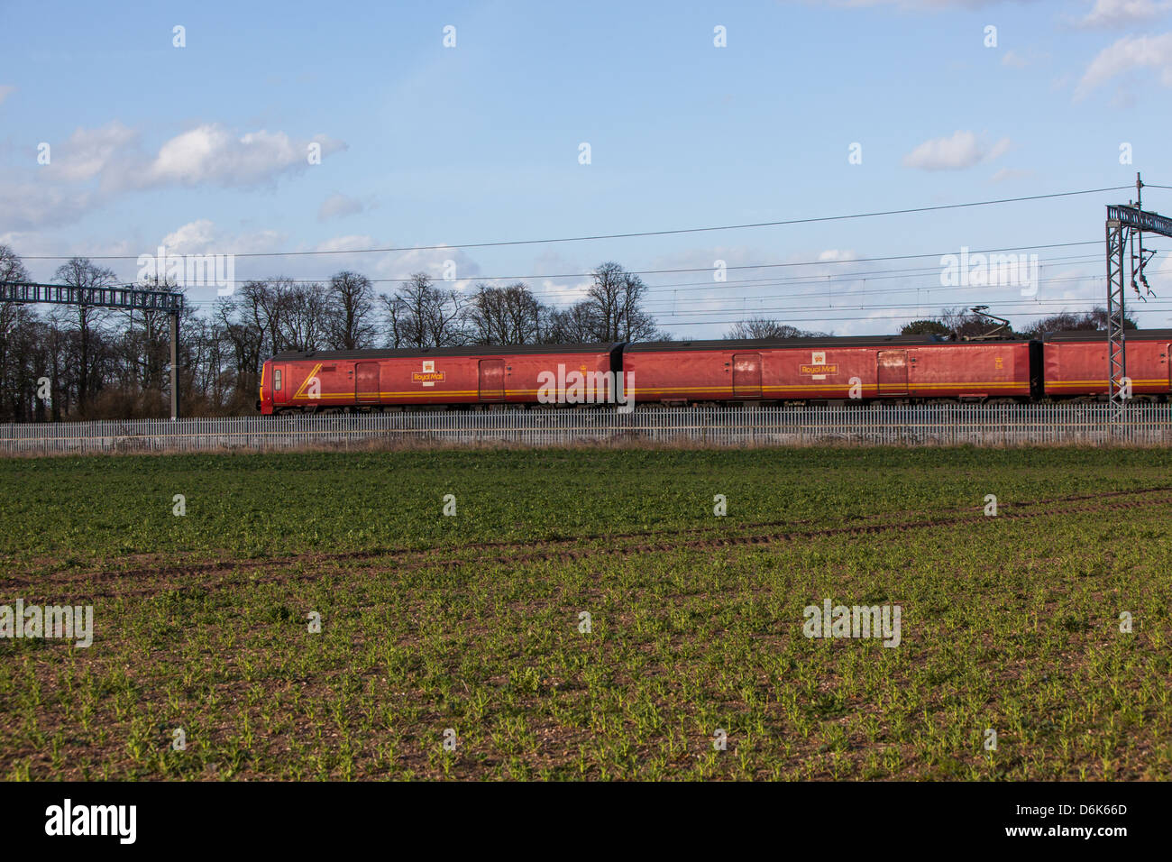 A Royal Mail train on the West Coast Main Line through the Midlands ...