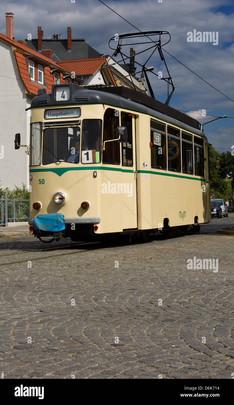 A train of Germany's smallest tram service drives in Naumburg, Germany ...