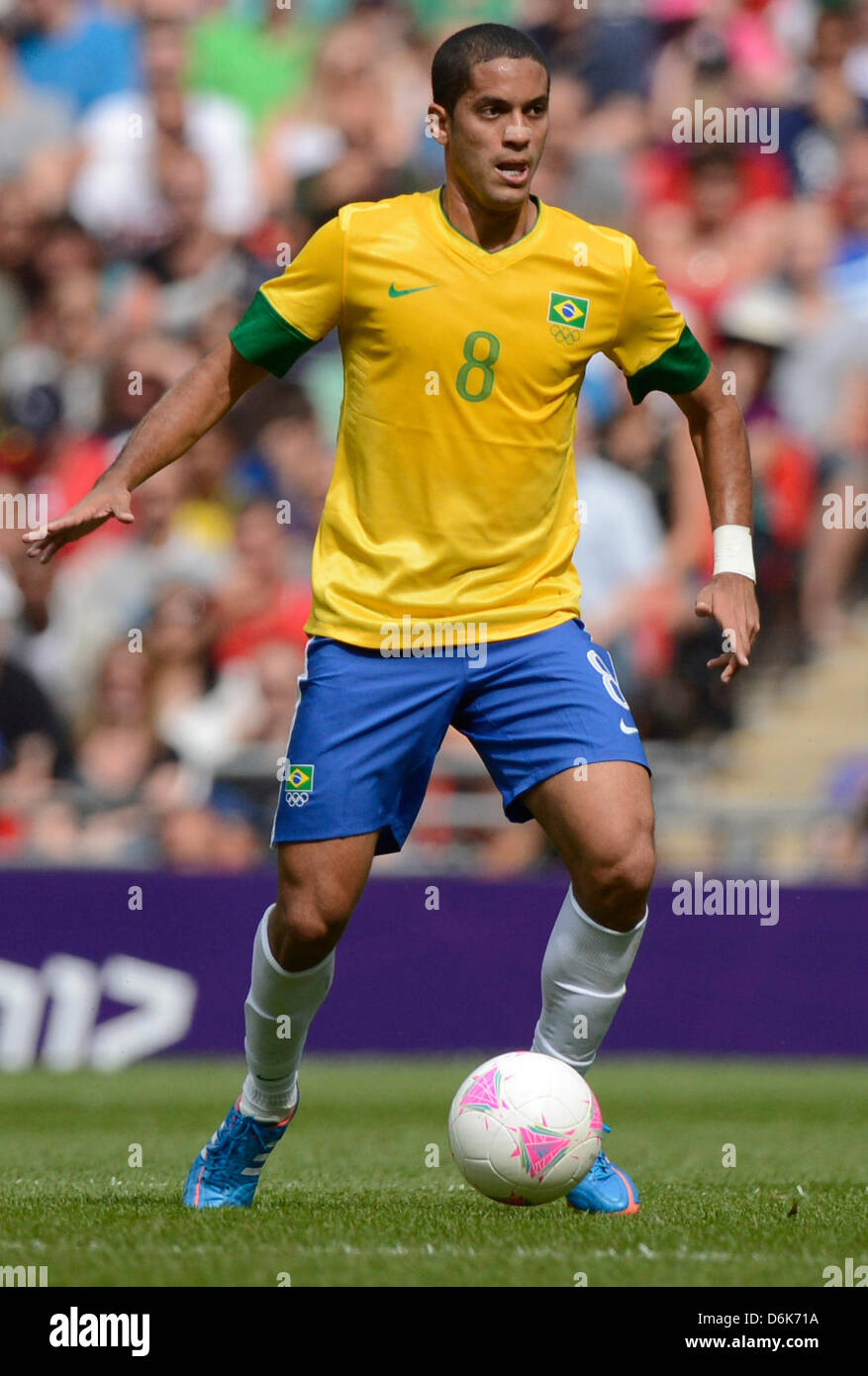 Brazil's Romulo controls the ball duiring the Men's Soccer Gold Medal ...