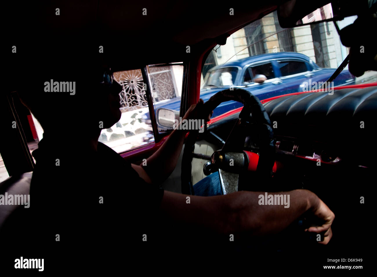 Interior of an old vintage car in the street. Cuban city of Havana, La ...