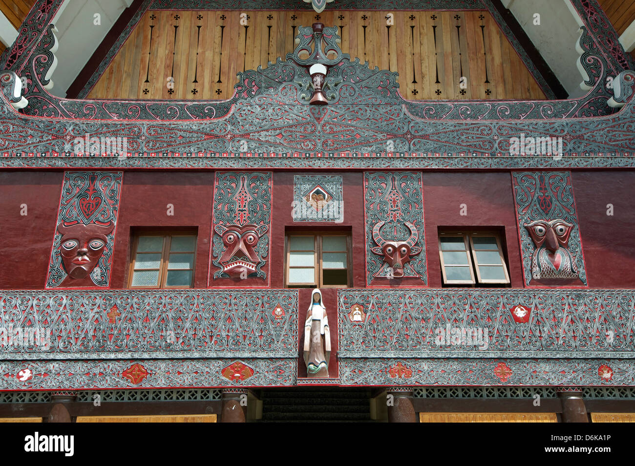 Batak painted carvings on large Batak style Catholic church, Pangururan ...