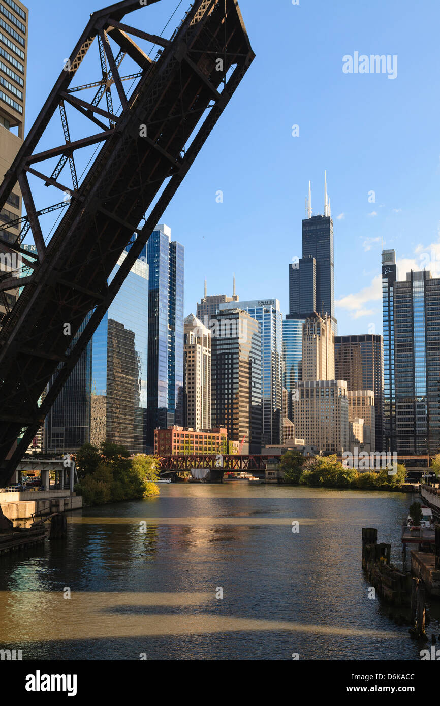 Chicago River and towers of the West Loop area, Willis Tower, formerly ...